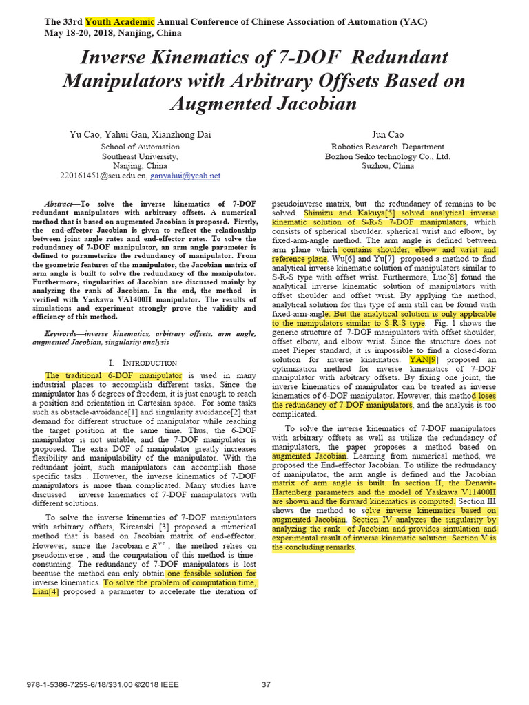 Inverse Kinematics of 7-DOF Redundant | PDF | Kinematics | Robotics
