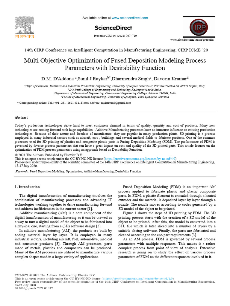 2021 Multi Objective Optimization Fdm Desirability Function Pdf