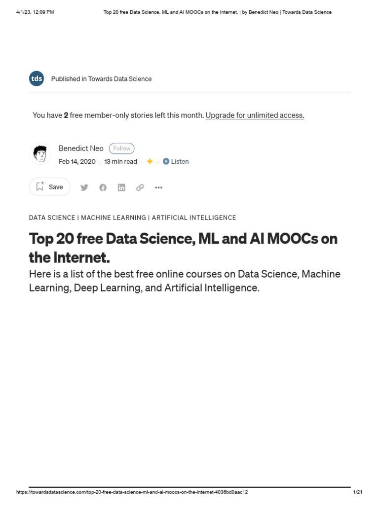 Top 20 Free Data Science Ml And Ai Moocs On The Internet By Benedict Neo Towards Data 