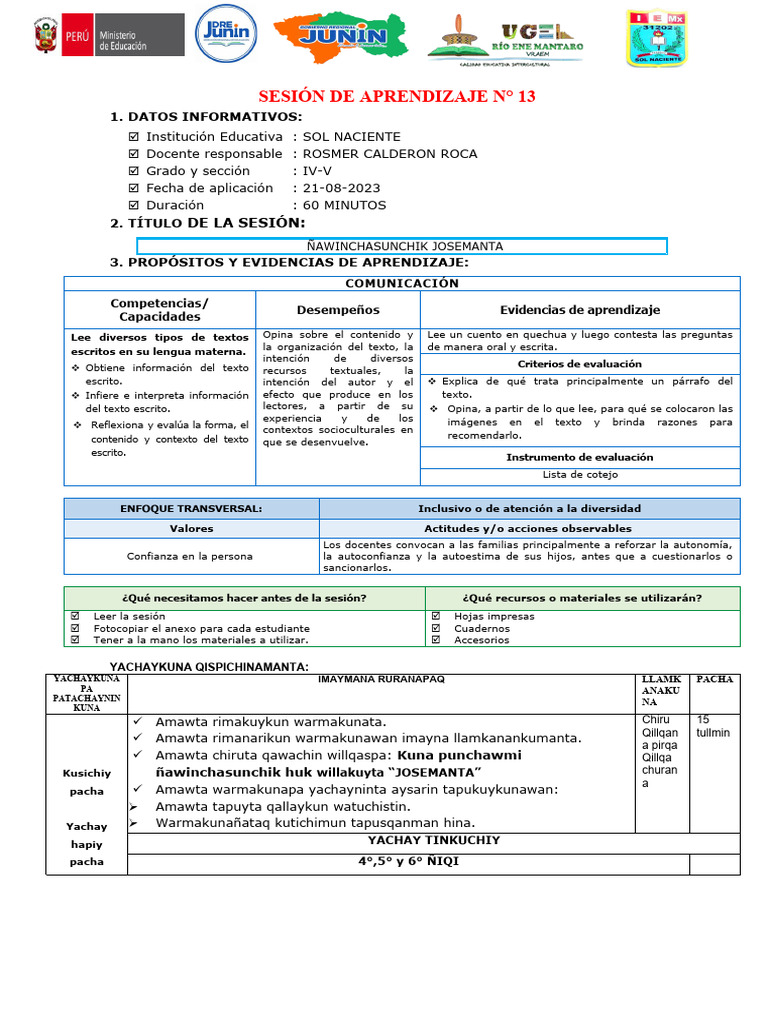 SESIÓN DE APRENDIZAJE N 21-08-23 Quechua | PDF | Aprendizaje | Evaluación