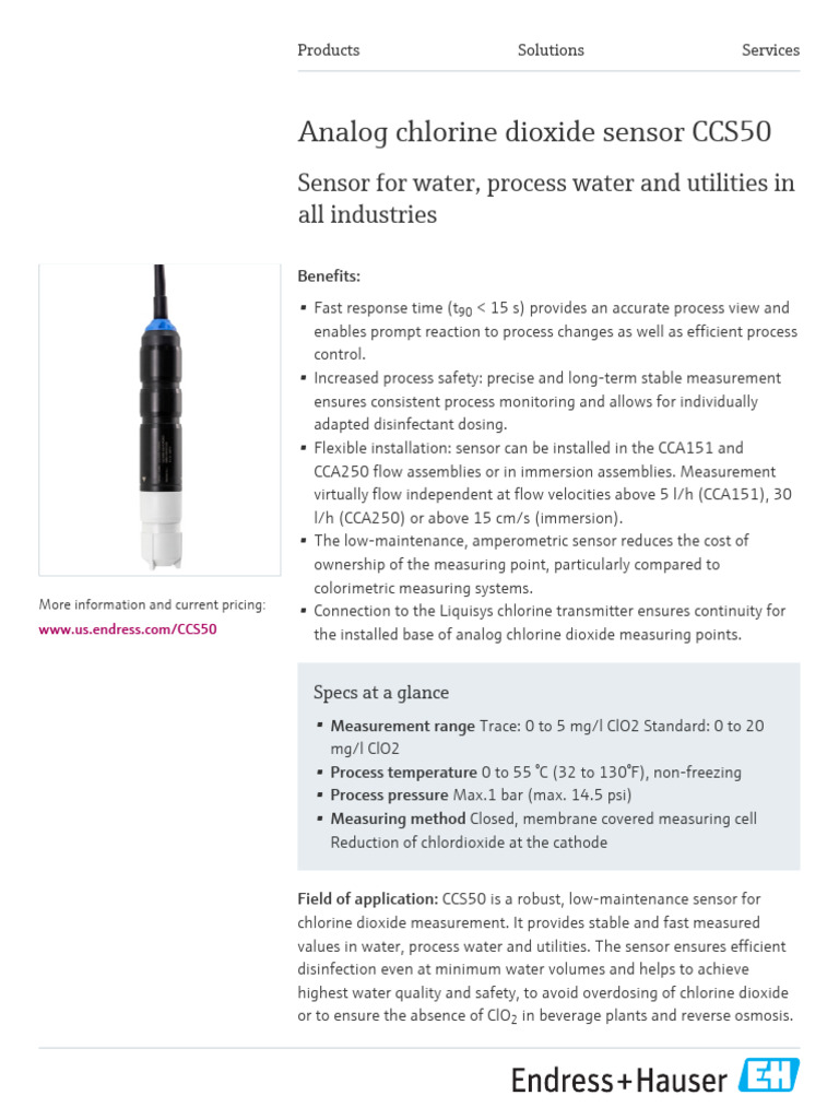Endress-Hauser Analog Chlorine Dioxide Sensor CCS50 EN | PDF | Chemical ...