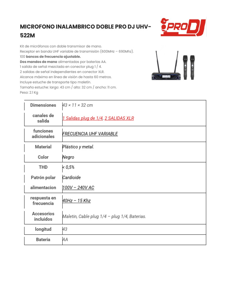 MICROFONO INALAMBRICO DOBLE PRO DJ UHV | PDF