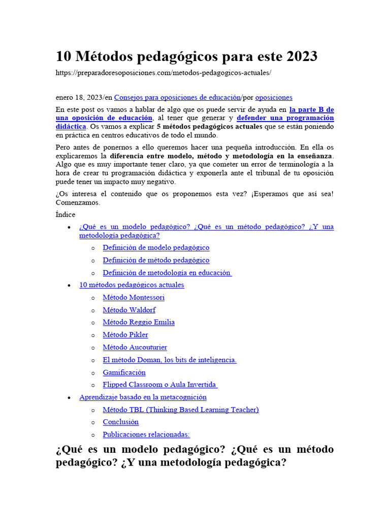 10 Métodos Pedagógicos para Este 2023 | PDF | Aprendizaje | Teoria de la mente