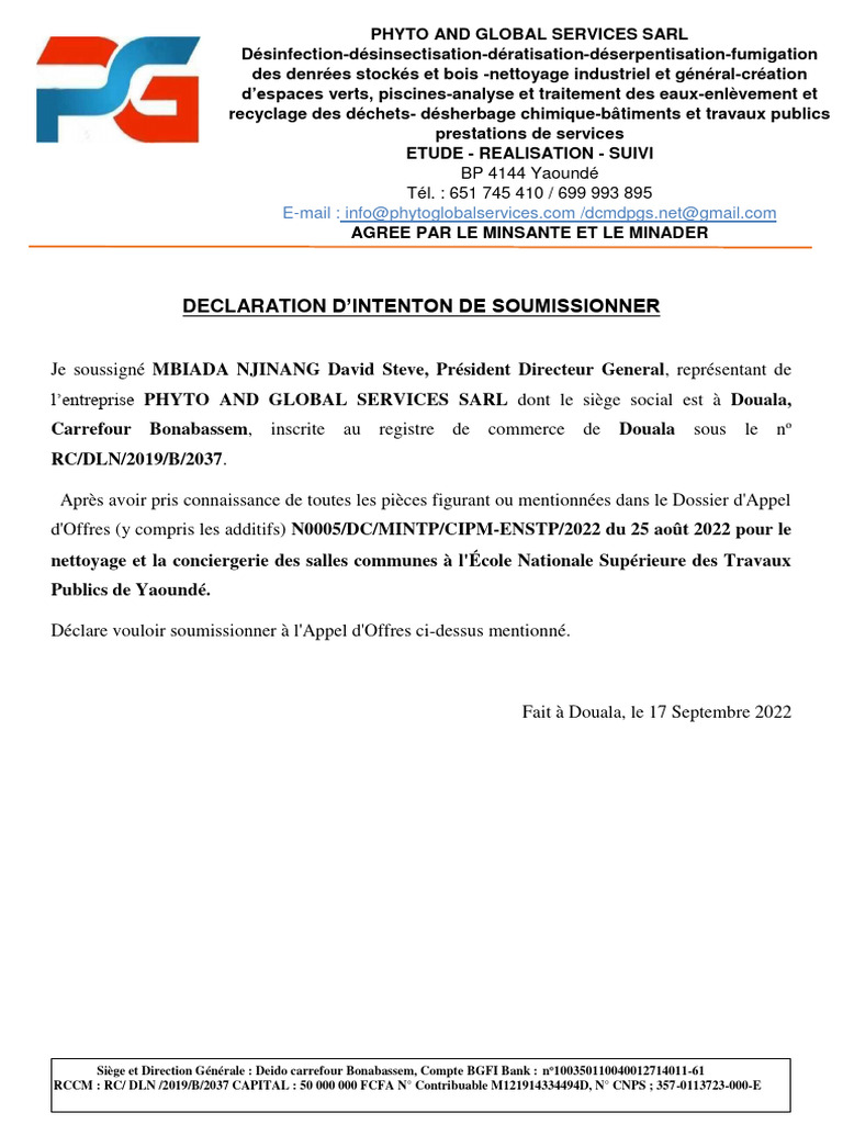 Declaration D'intention de Soumissionner | PDF | Finance et gestion monétaire | Maison et jardin