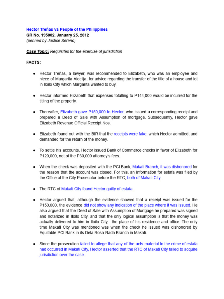 Jurisdiction in Estafa Case: Treñas vs Philippines | PDF | Fraud ...