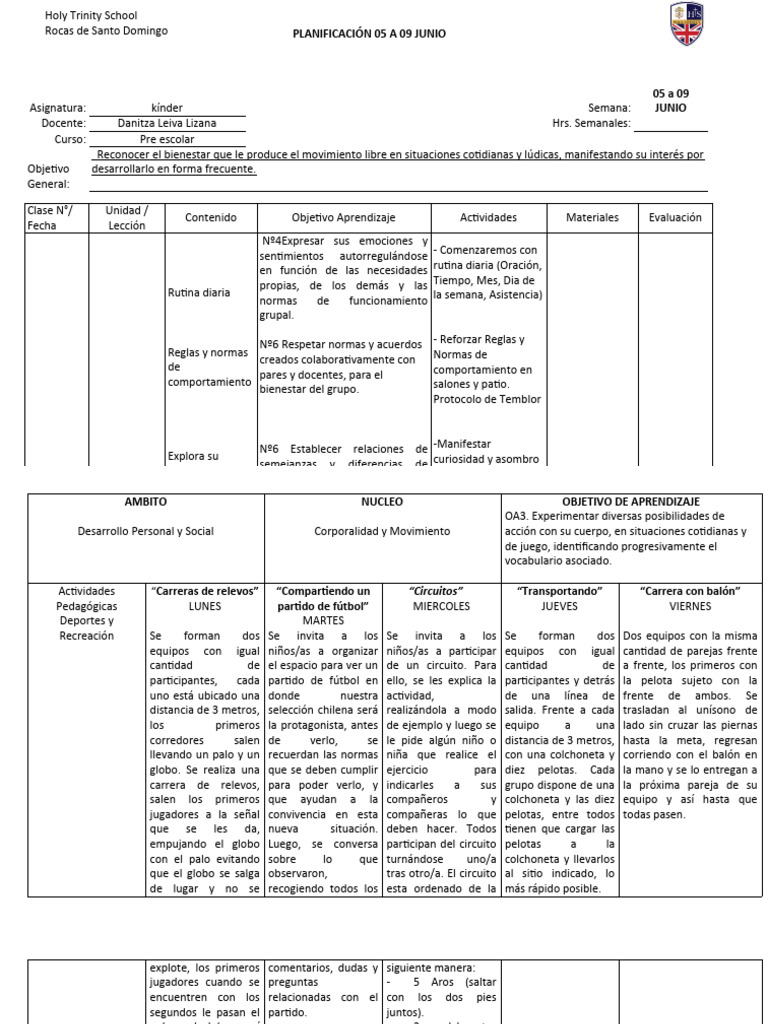 PLAN_kinder_05 A 09 JUNIO | PDF | Educación de la primera infancia