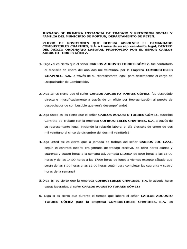 Pliego de Posiciones Que Debera Absolver El Demandado Combustibles ... Pliego de Posiciones Que Debera Absolver El Demandado Combustibles ...