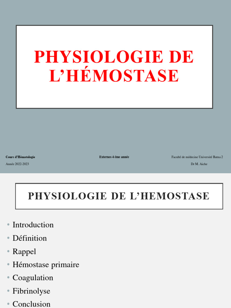 Physiologie de l'Hémostase en Hématologie | PDF | Coagulation | Thrombocyte