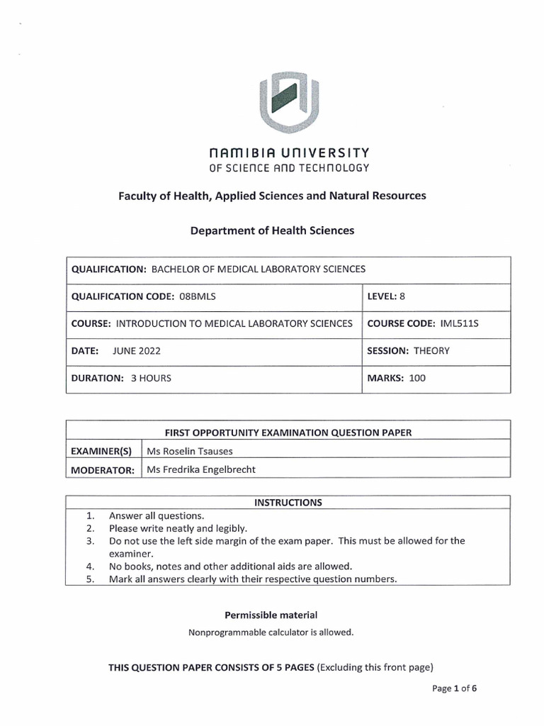 Iml511s - Introduction To Medical Laboratory Sciences - 1st Opp - June 2022 | PDF