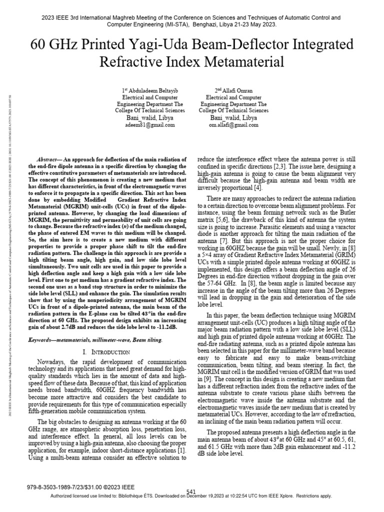 60 GHZ Printed Yagi-Uda Beam-Deflector Integrated Refractive Index ...