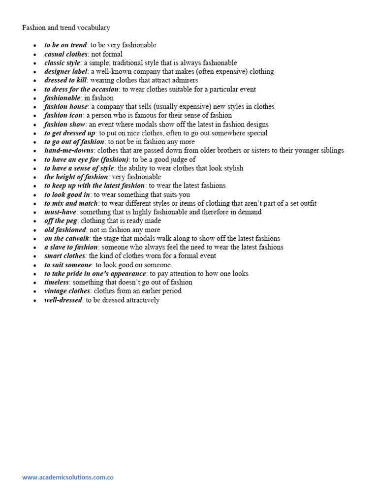 Fashion and Trend Vocabulary | PDF