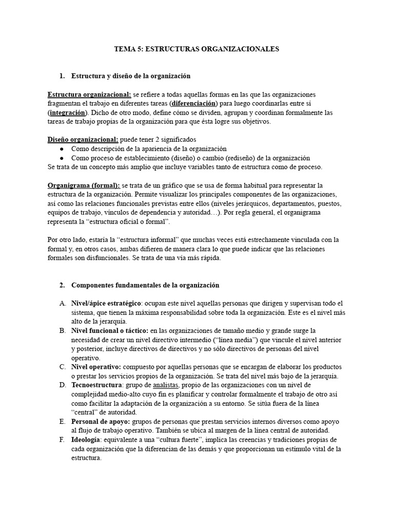 Tema 5 - Estructuras Organizacionales | PDF
