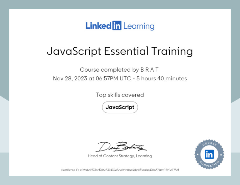 CertificateOfCompletion - JavaScript Essential Training | PDF CertificateOfCompletion - JavaScript Essential Training | PDF