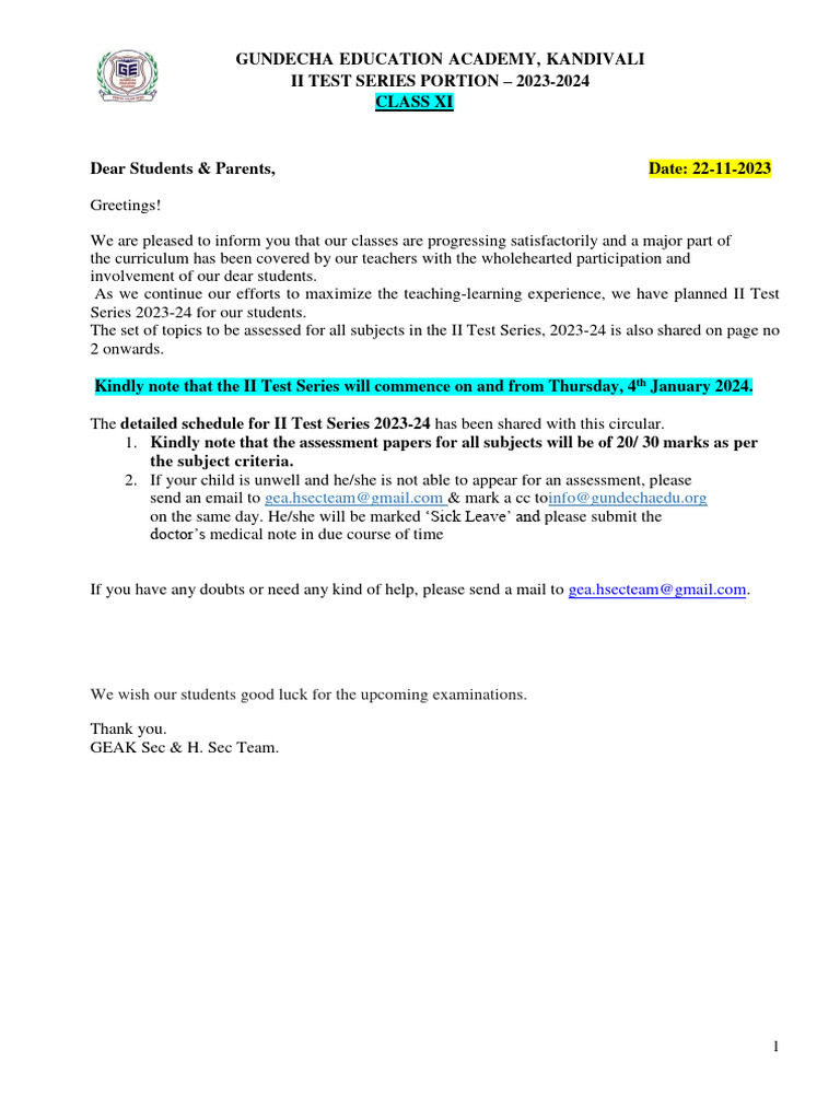 Circular - XI Test Series Portion - 2023-2024 | PDF