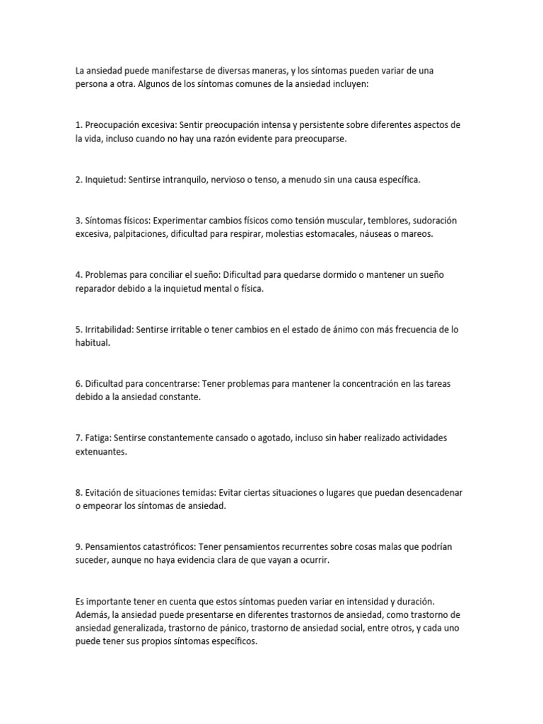 Sintomas Ansiedad. | PDF | Relaciones personales, crianza y desarrollo personal | Salud y bienestar