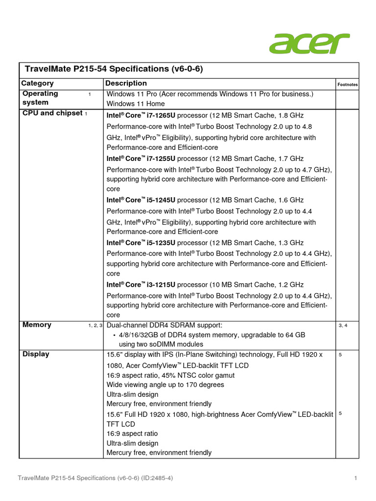 TravelMate P215-54 Specifications Revised | PDF | Wi Fi | Intel