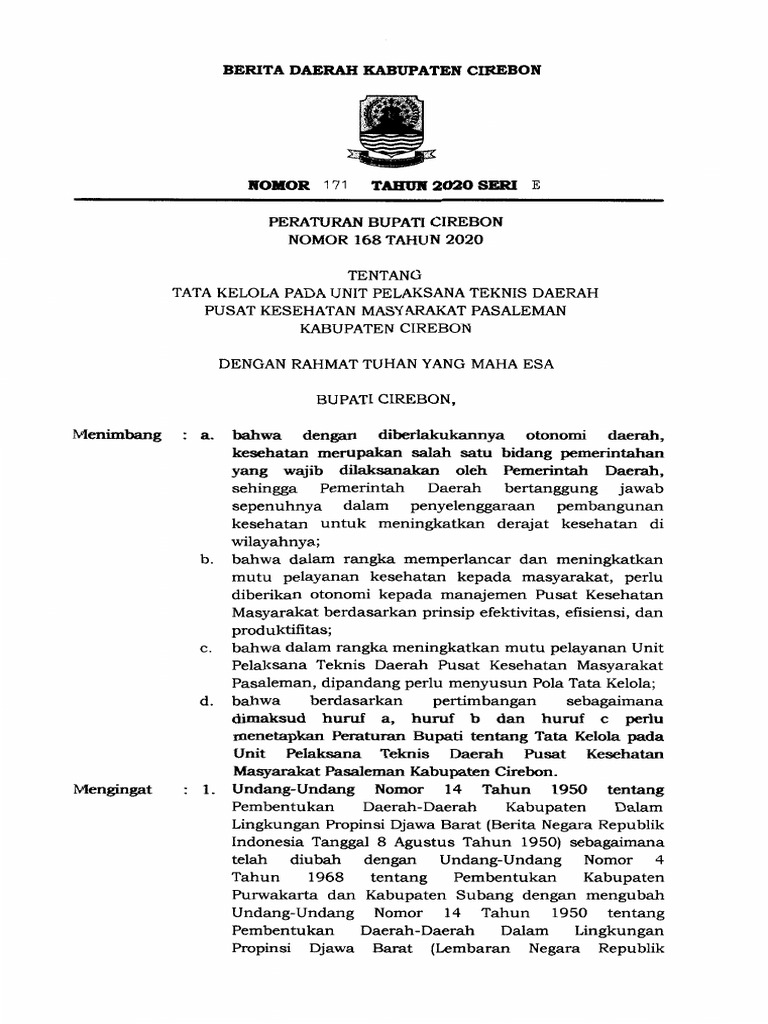 Perbup Nomor 168 Tahun 2020 | PDF