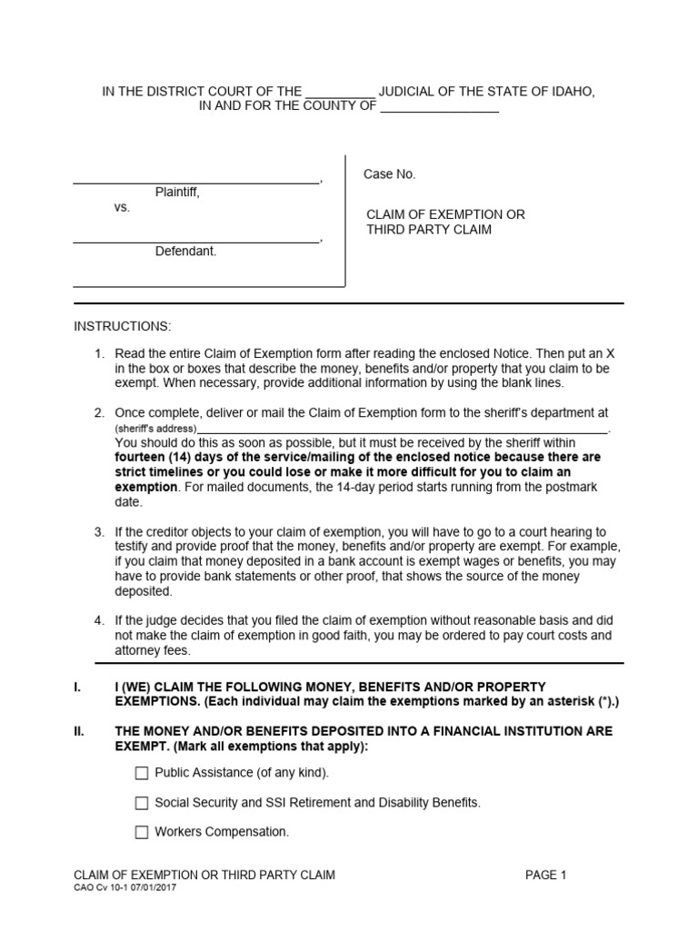 CAO CV 10-12 Claim of Exemption | PDF | Welfare | Employee Benefits