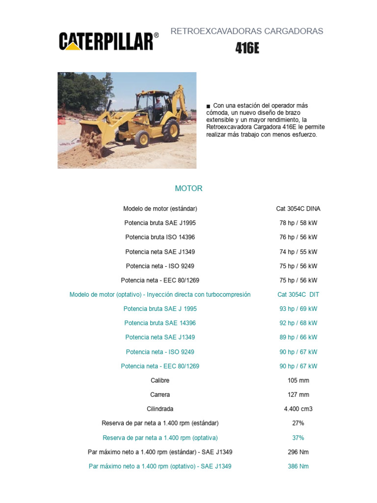 Retroexcavadora Cargadora 416E: Especificaciones Detalladas | PDF