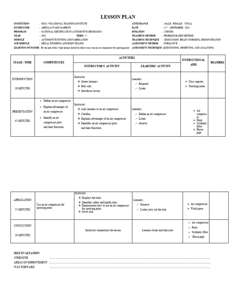 Air Compressor Lesson Plan | PDF | Learning | Lesson Plan