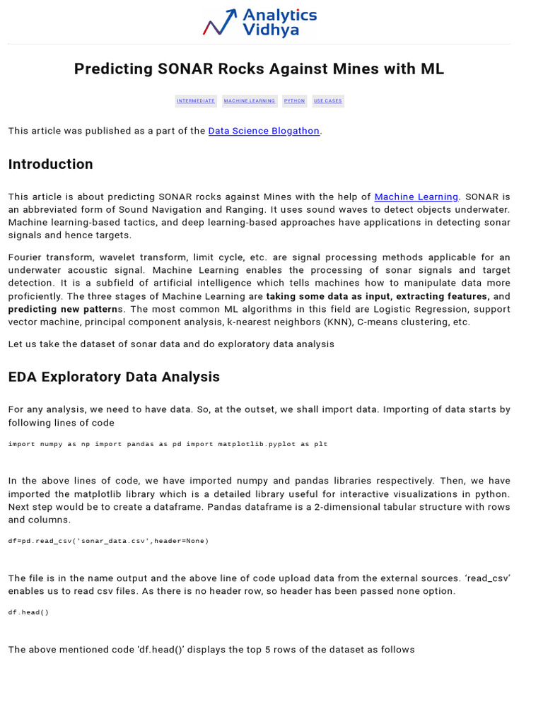 Predicting Sonar Rocks Against Mines With ML | PDF | Machine Learning ...