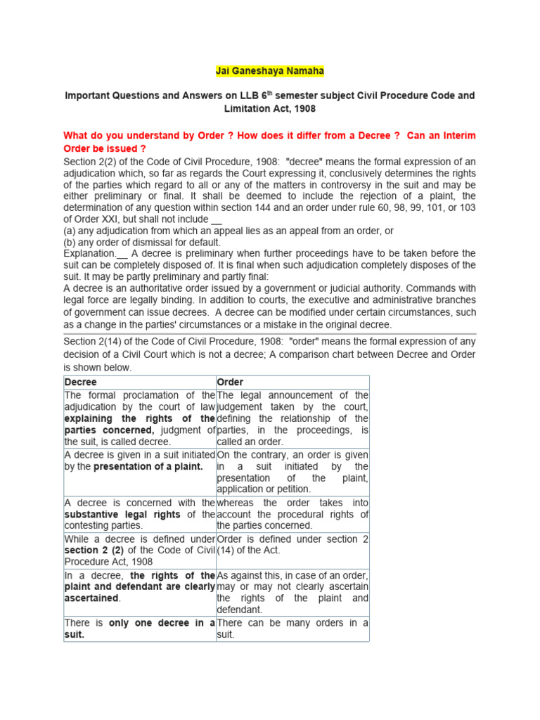 Important Questions and Answers - CPC | PDF | Lawsuit | Judgment (Law)