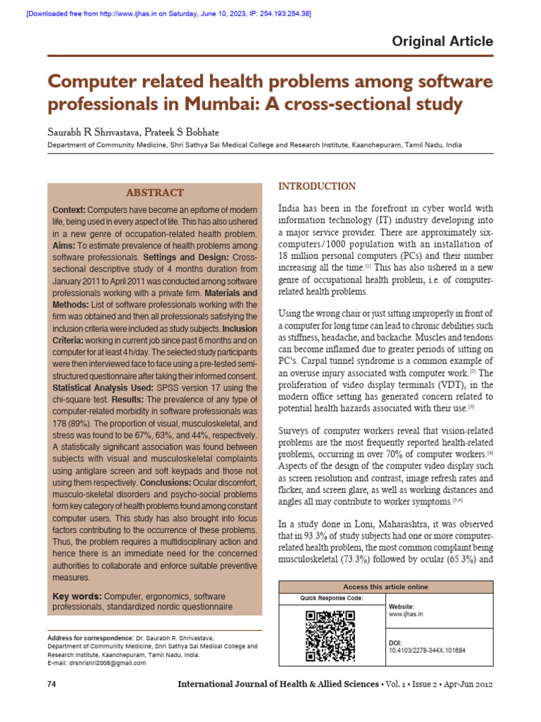 Computer-Related Health Issues in Software Professionals | PDF | Statistics