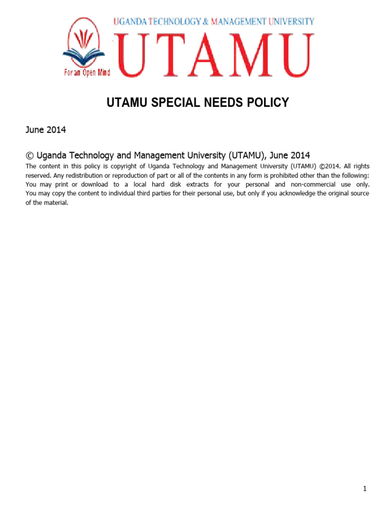 Utamu Policy On Special Needs | PDF | Social Science