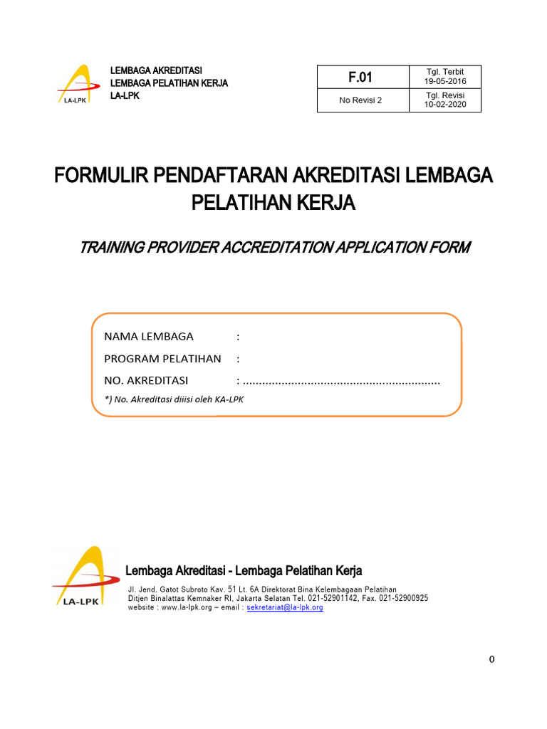 F.01 (Formulir Pendaftaran Akreditasi LPK) Revisi 02 - CTS Versi Baru Pak Syaiful Sei Dareh | PDF