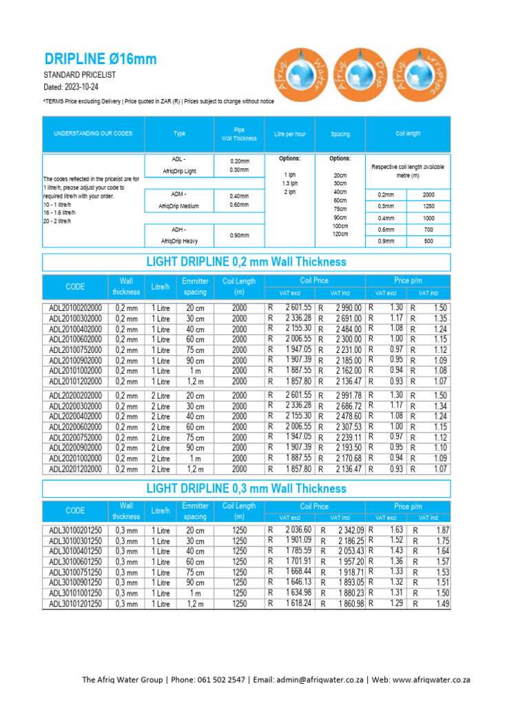 Awgroup Pricelist Dripline 20231024 VER1 | PDF | Metrology | Quantity