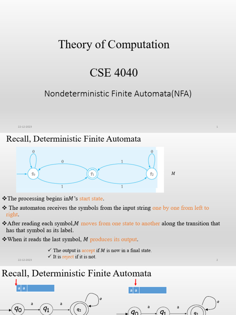 Theory of Computation CSE 4040: Nondeterministic Finite Automata (NFA) | PDF