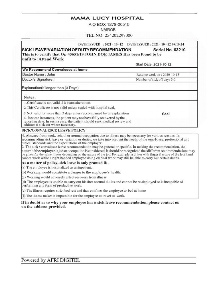 Hospital Sick Leave | PDF