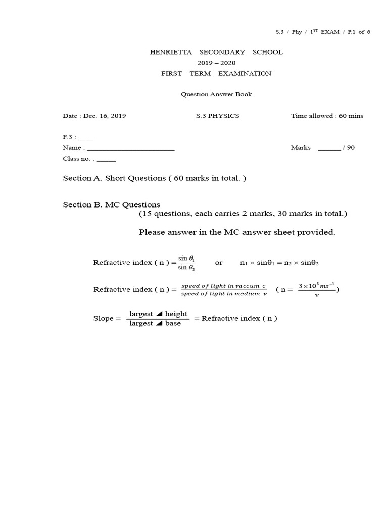 Henrietta School Form 3 Physics | PDF