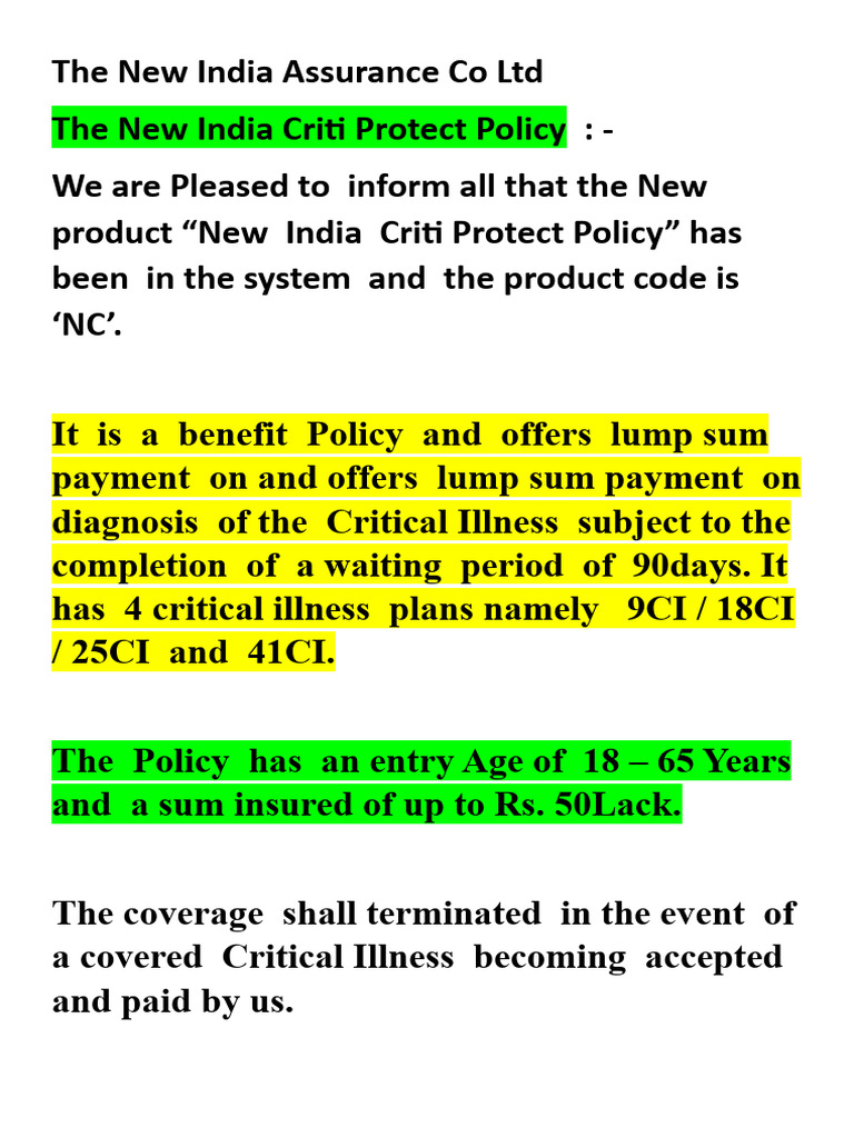 New India Criti Protect Policy Overview | PDF