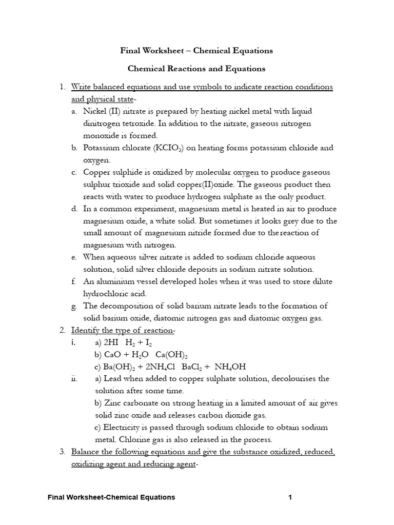 Final Worksheet-Chemical Equations | PDF | Oxide | Chlorine