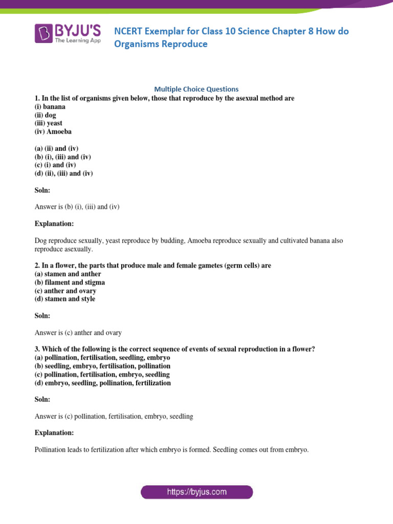NCERT Exemplar Solution Class 10 Science Chapter 8 | PDF | Reproduction ...