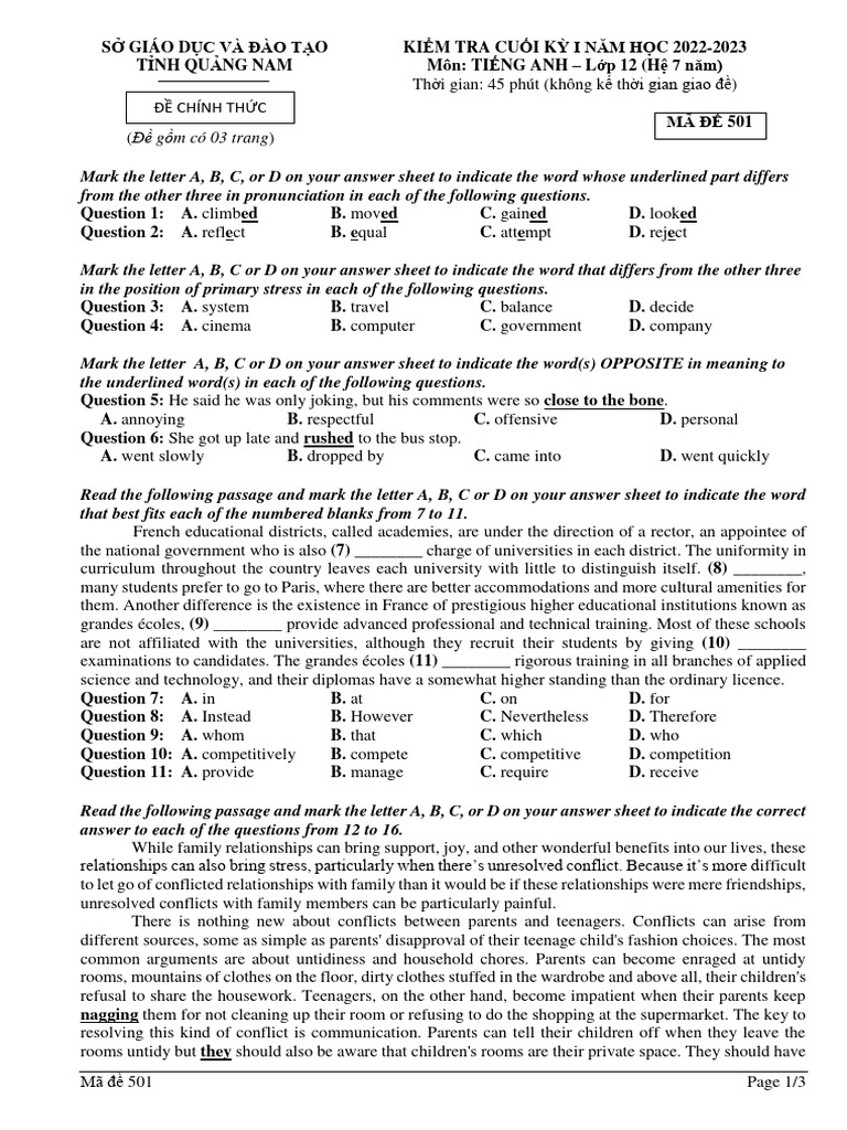 De Kiem Tra Cuoi Ky 1 Tieng Anh 12 Nam 2022 2023 So GDDT Quang Nam | PDF | Adolescence