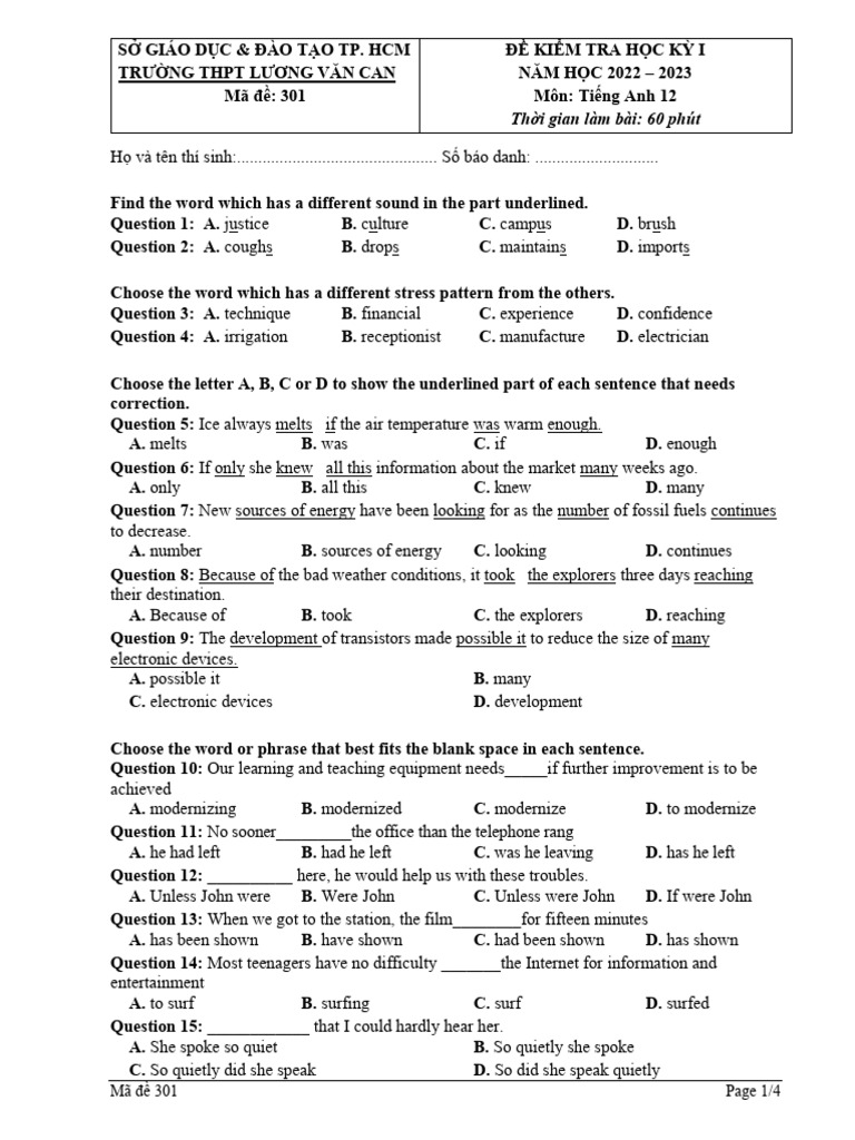 De Cuoi Hoc Ky 1 Tieng Anh 12 Nam 2022 2023 Truong THPT Luong Van Can TP HCM | PDF | Solar Power ...