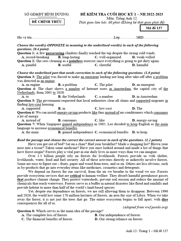 De Kiem Tra Cuoi Hoc Ky 1 Tieng Anh 12 Nam 2022 2023 So GDDT Binh Duong | PDF