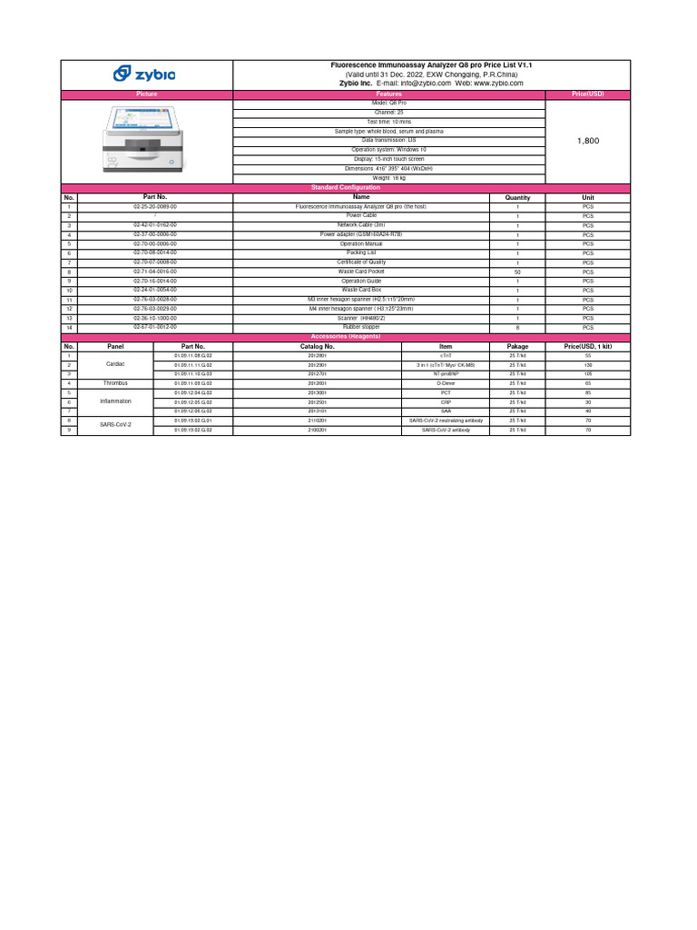【Zybio】Q8 Pro fluorescence immunoassay analyzer Price List | PDF