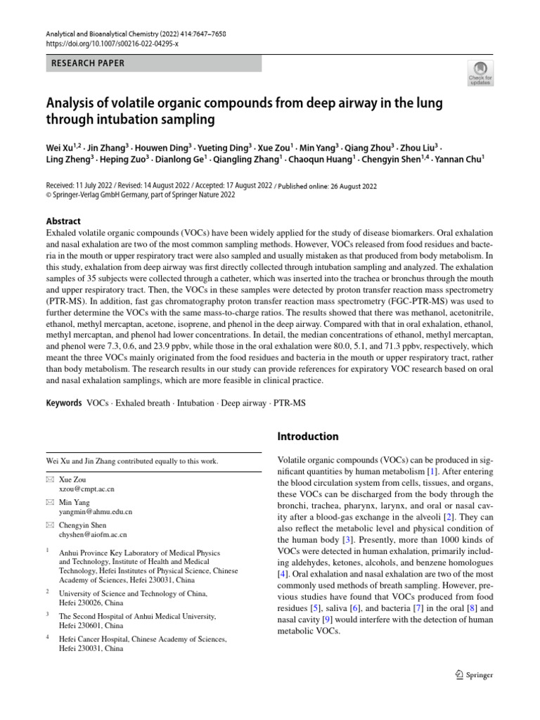 Analysis of Volatile Organic Compounds From Deep Airway in The Lung ...
