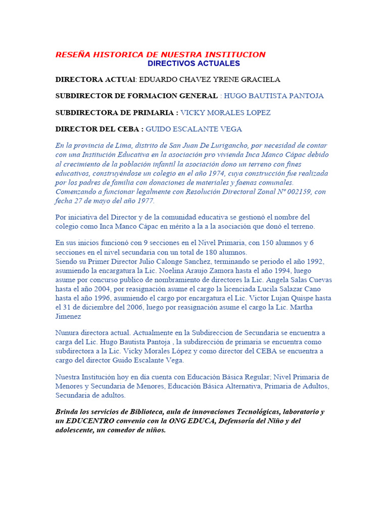 Reseña Historica de Nuestra Institucion | PDF