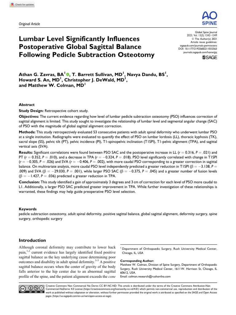 Lumbar Level Significantly Influences Postoperative Global Sagittal ...