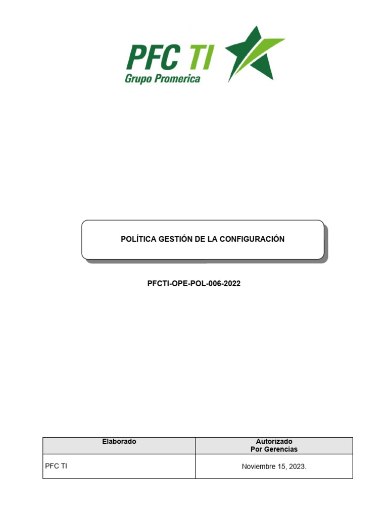 PFCTI-OPE-POL-006-2022 Gestión de La Configuración (15nov2023) | PDF | Tecnologías de la ...