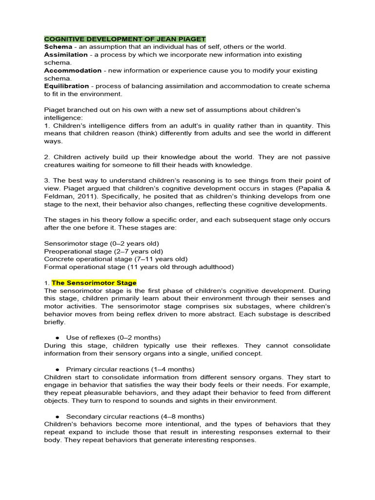 Jean Piaget and His Theory Stages of Cognitive Development | PDF