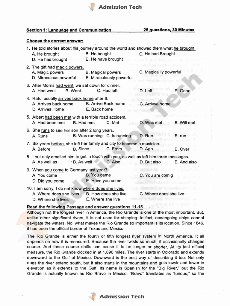 Admission Test: Language & Math Questions | PDF | Rio Grande | Area