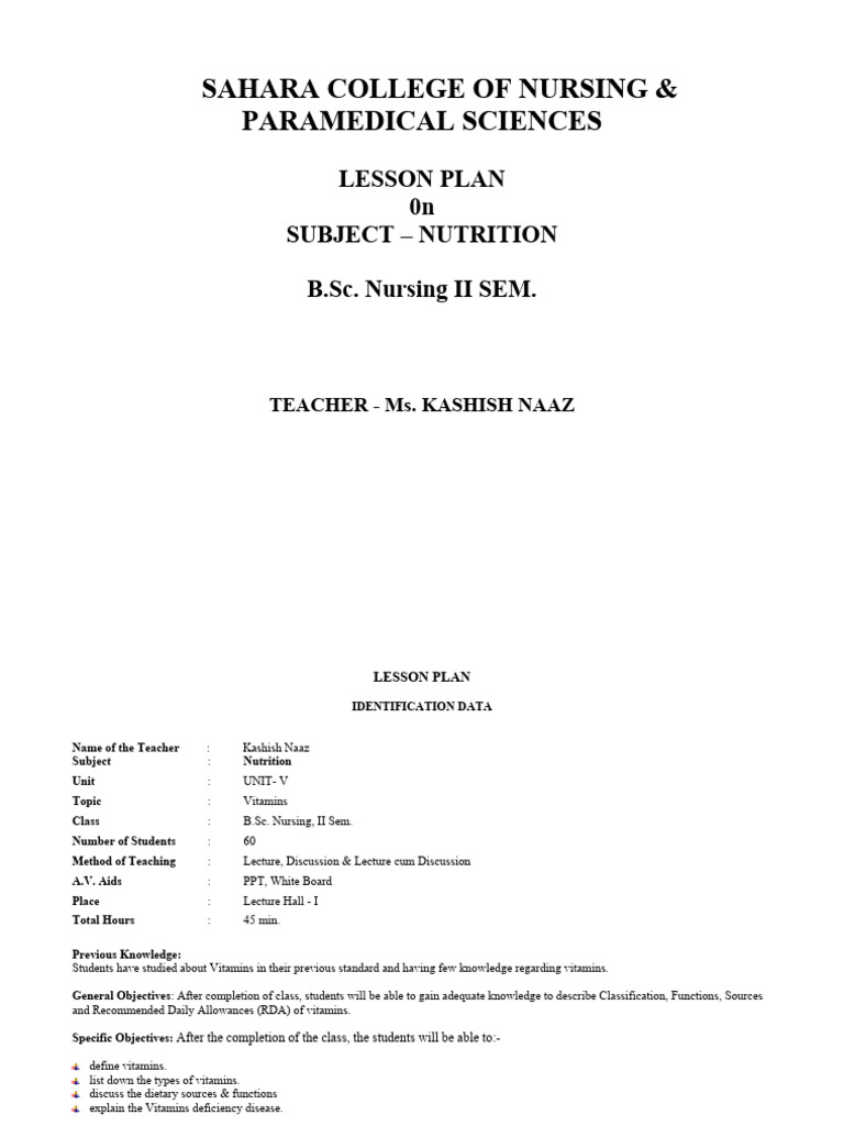 Lesson Plan Nutrition | PDF | Vitamin | Vitamin A
