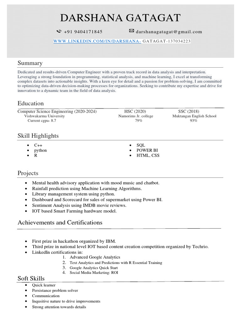 Data Analyst Resume of Darshana Gatagat | PDF