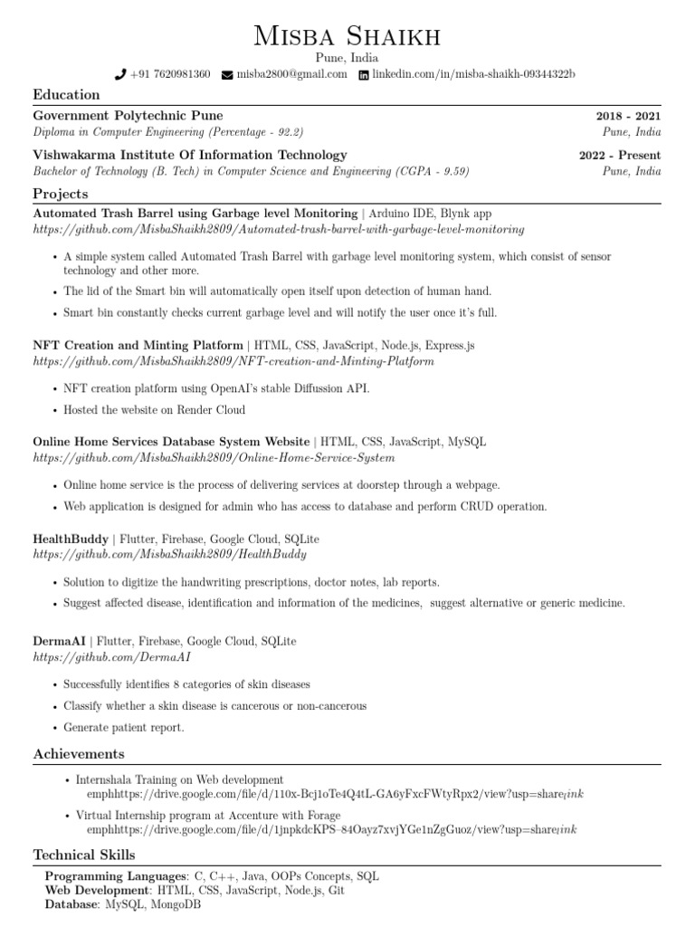 Misba Shaikh: Computer Engineering Projects & Skills | PDF | Java Script | Cloud Computing