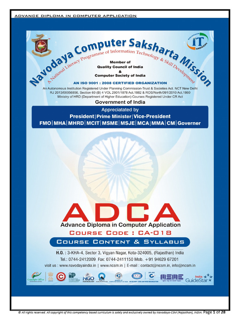 Advance Diploma in Computer Application A D C A | PDF | Internet | C++